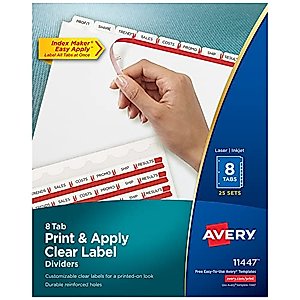 Avery 8-Tab Binder Dividers, Easy Print & Apply Clear Label Strip, Index Maker, White Tabs, 25 Sets (11447)