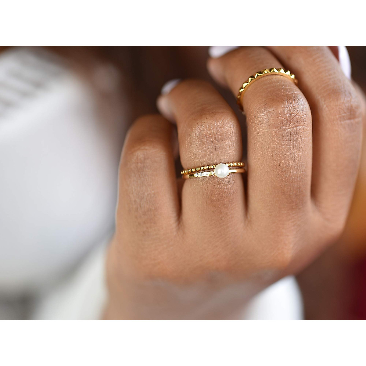 BLOSSOM & HUE Mini Pearl Ring [ CZ Accent ] - 18K Gold Vermeil - Size 7 - Minimalist Band