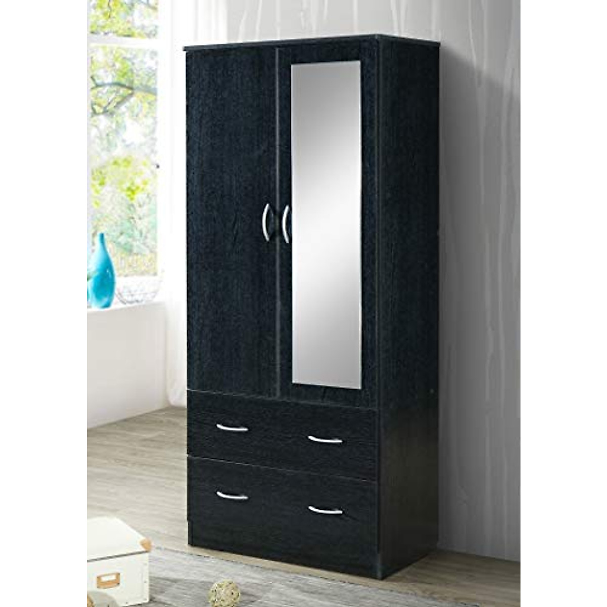 Hodedah Two Door Wardrobe with Two Drawers and Hanging Rod plus Mirror, Black
