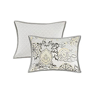 Madison Park Isla Reversible Cotton Duvet Set - Casual Medallion Floral to Damask Print Reverse, All Season Comforter Cover Bedding Set with Matching Shams, Yellow Full/Queen(90"x90") 3 Piece