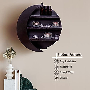 MELOVET Wooden Black Moon Shelf for Crystals - Crescent Moon Boho Essential Oil Storage & Wall Hanging Shelves for Bedroom Aesthetic, Dining Room & Bathroom Wall Decor with Tealight Oil Burner Warmer