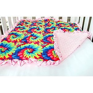 Top Tots Baby Blanket - Tie Dye Pattern with Pink Minky Dot & Satin Ruffle, 31 x 31 Inch Multicolored