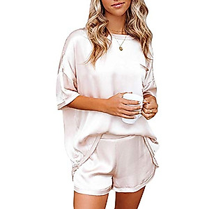 Tretra 2pcs Women Silk Satin Pajamas Set Sleepwear Loungewear Round Neck T-shirts Short Pants Button Down Pjs White