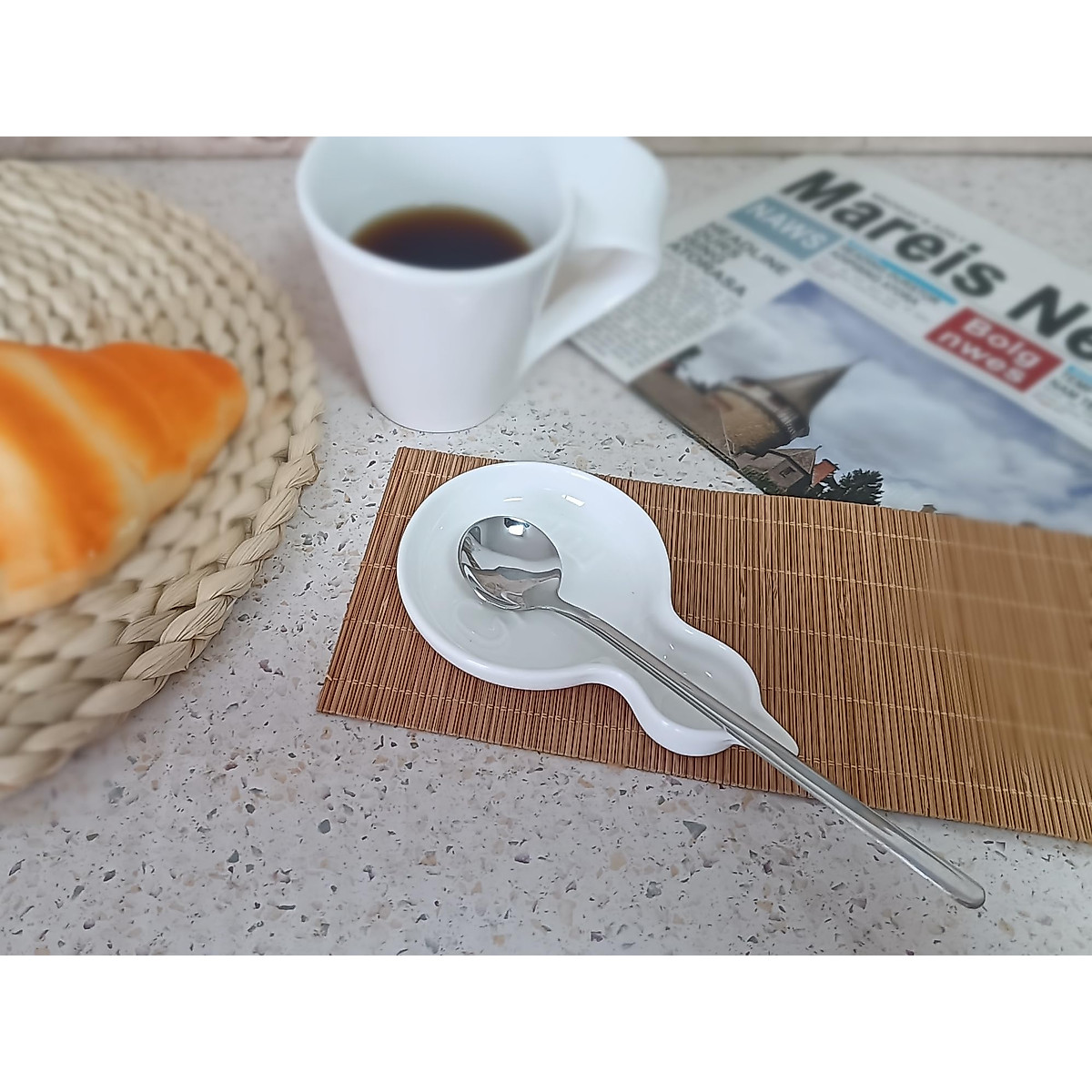 Coffee Spoon Rest for Coffee Bar Accessories, Small Spoon Rest for Coffee Station, Ceramic Tea Spoon Rest Tea Spoon Holder Teaspoon Rest (White, CAFE Pattern)