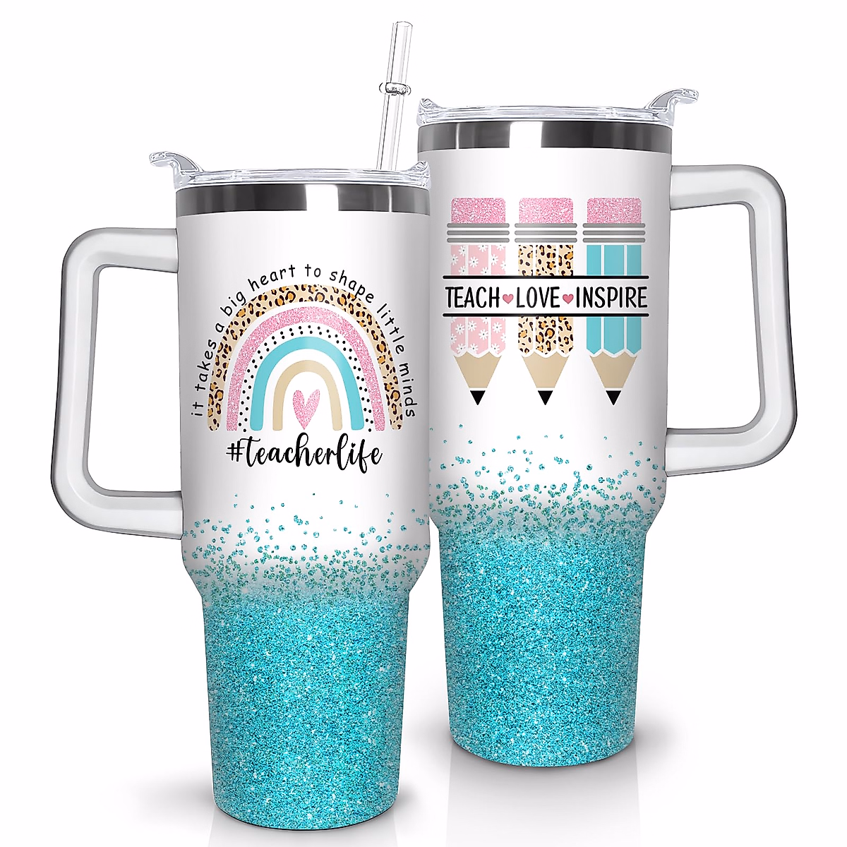 thmasamwr 40oz Teacher Tumbler with Handle, Stainless Steel Teacher Water Bottle Cup, Teacher's Travel Coffee Mug, Thanksgiving,Christmas,Graduation Gifts for Teachers