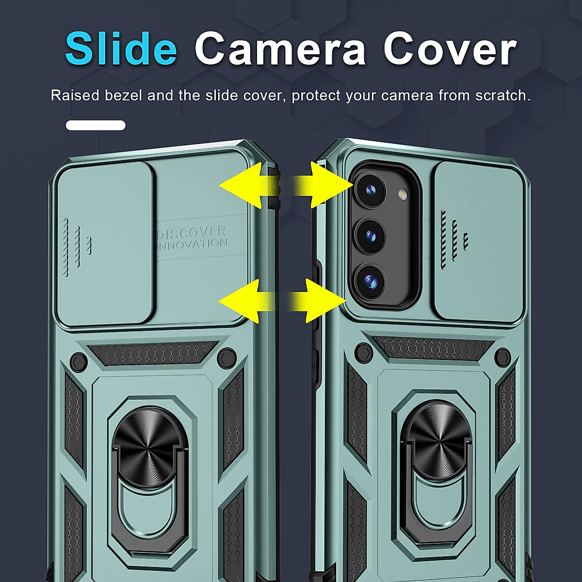 Janmitta Compatible with Galaxy A54 5G Case Built in Slide Camera Lens Cover and Screen Protector,Heavy Duty Shockproof Phone Cover,Built in Ring Stable Holder Kickstand,2023 Dark Green