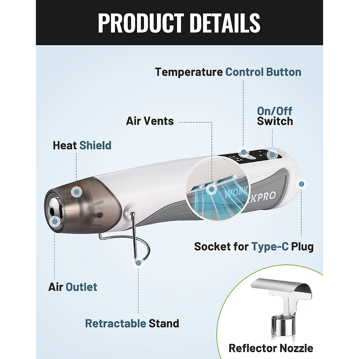 WORKPRO 7.2V Mini Cordless Heat Gun, 680℉ Hot Air Gun with Reflector Nozzle, 3 Temp Settings - Cool Air, 302℉(150℃)/680℉(360℃), Fully Ceramic Heating Core for Craft Embossing, Shrink Wrapping PVC