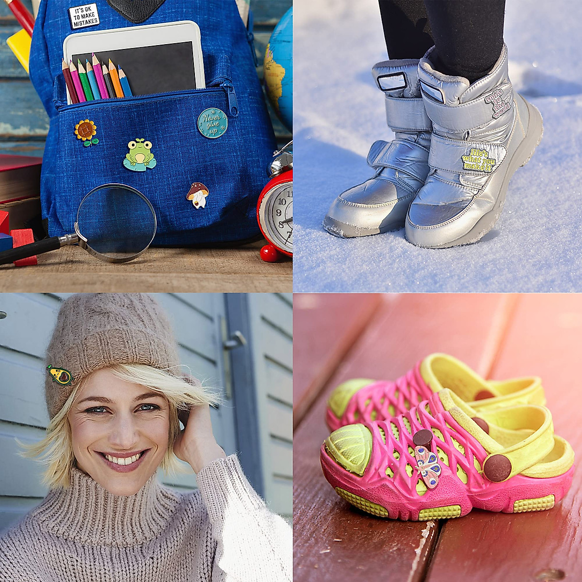 18 Pieces Positive Enamel Pins Set Cute Enamel Lapel Pins Inspirational Cartoon Brooch Pin Badges Butterfly Cat Cactus Enamel Pins with Storage Bag for Women Jeans Backpacks Jackets Hats Decor