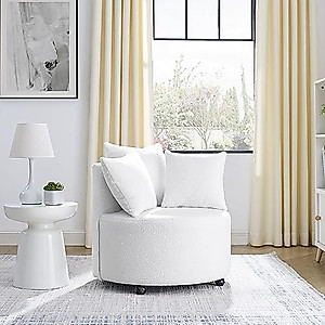 KEVINSPACE 30'' Small Swivel Barrel Chair, Comfy Round Club Chairs for Living Room Bedroom, Swivel Single Sofa with 4 Universal Caster Wheels Lounge Accent Chair Boucle Armchair White