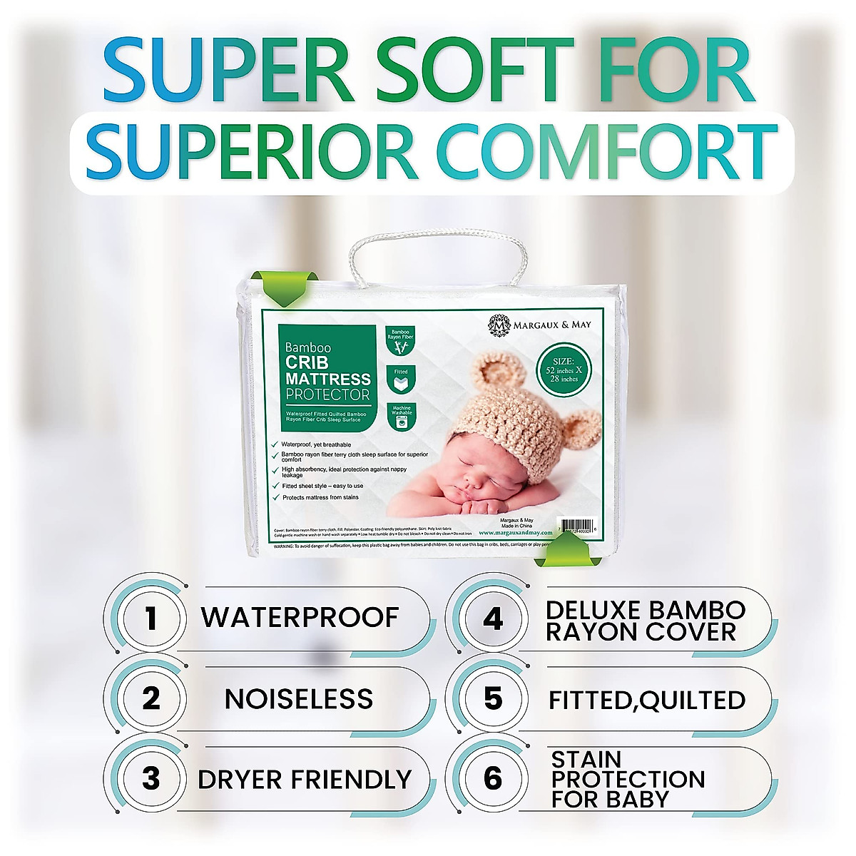 MARGAUX & MAY Waterproof Crib Mattress Protector Pad, Fitted Ultra Soft Noiseless Breathable Bamboo Crib Protector, Mattress Protector for Baby Crib, Crib Mattress Pad for Toddler