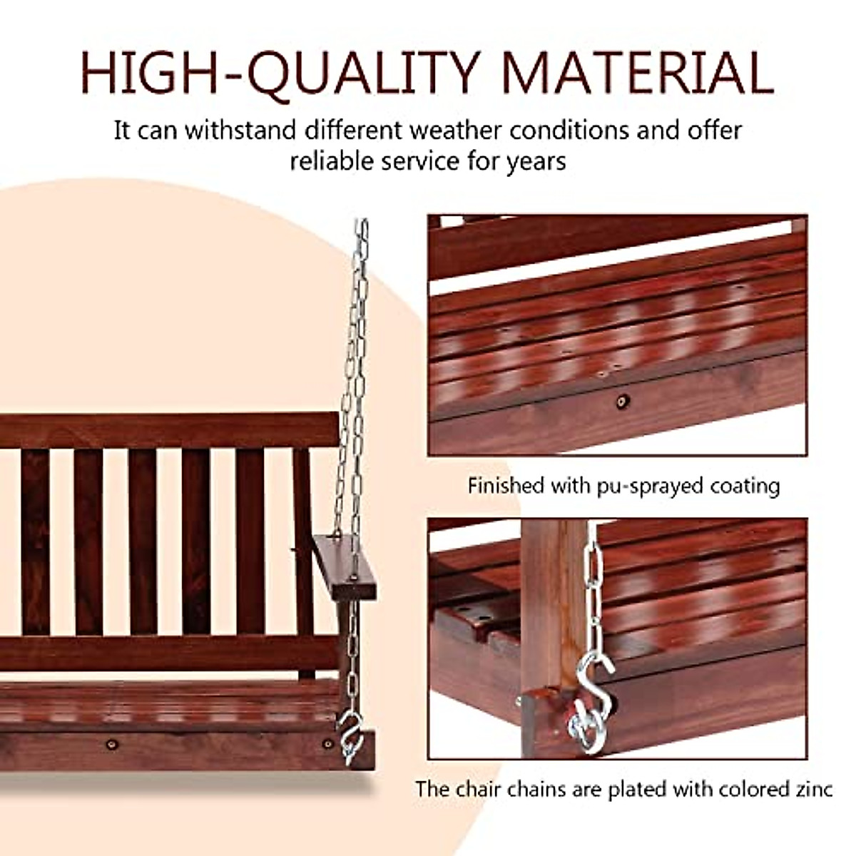 Wooden Porch Swing Chair for 2-Seater, Outdoor Patio Swing with Hanging Chains and Reclined Backrest for Yard Patio Garden, Swing Bench Hanging Swing Outdoor Swings for Adults, 800 lbs Capacity, Brown