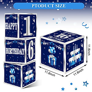 Turypaty 3 Packs Blue Silver 16th Birthday Decorations Boxes for Men Boys, Blue Navy Happy 16 Birthday Balloons Boxes Party Supplies, Sixteenth Years Old Bday Cardboard Box Decoration