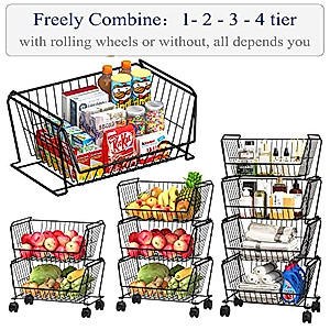 PUSDON 4-Tier Stackable Metal Storage Baskets, Anti-Rust Fruit Vegetable Rack, Dual Use Shelf for Kitchen, Home & Office, Black