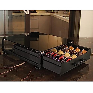 Vertuo Pod Holder Drawer with Deluxe Black Tempered Glass Top, Compatible for Nespresso VertuoLine Pods, Holds up to 75 Small or 50 Big Vertuo Pods Compact Design (Matte Black)