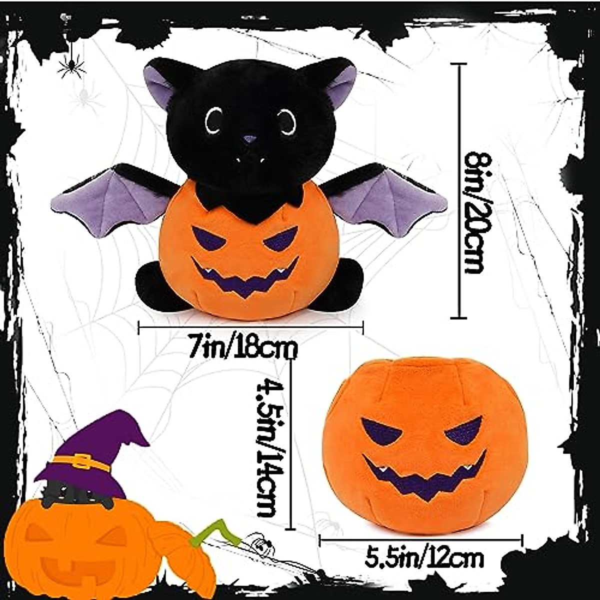 JIAJEGTGT Halloween Plush Bat, Bat Stuffed Animal Toy, Plushies Pillow Figure with Pumpkin Clothes, Decoration Gifts for Boys and Girls Black