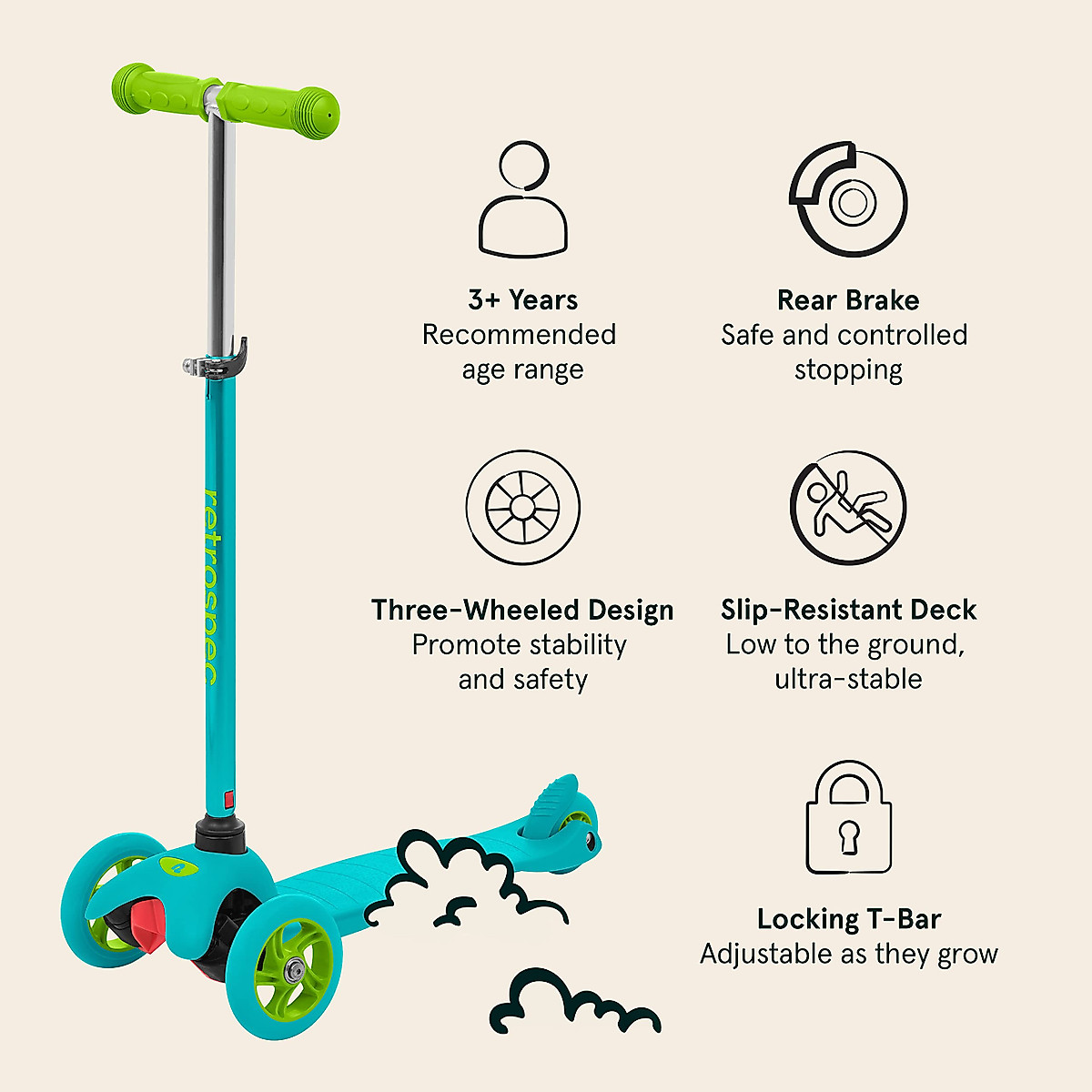 Retrospec Chipmunk Kick 3 Wheel Scooter for Kids, Toddlers, Girls & Boys - Padded Handlebars, PU Wheels, & Extra Wide Non-Slip Deck - Children 5 Years & Up - Turquoise