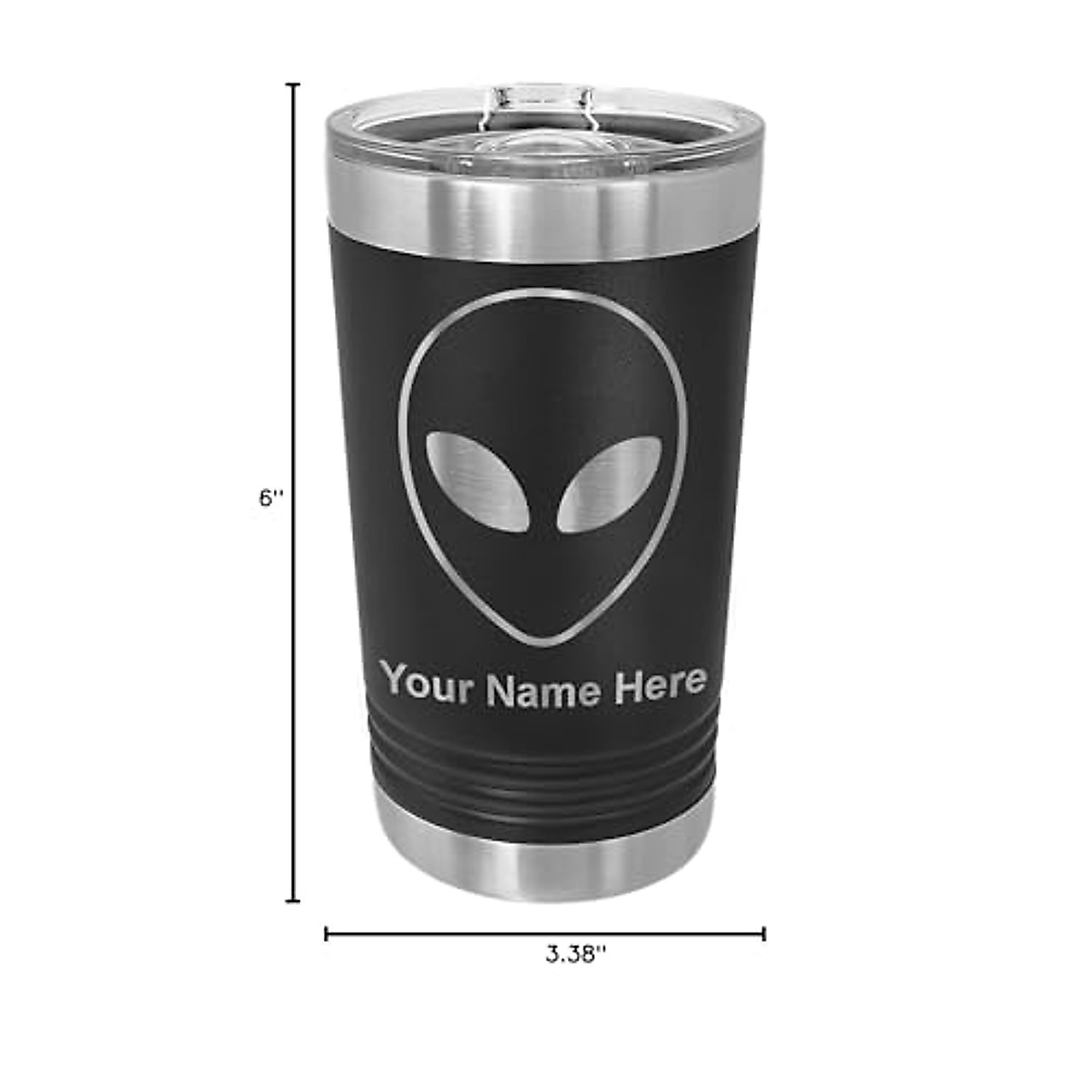 LaserGram 16oz Vacuum Insulated Pint Tumbler, Alien Head, Personalized Engraving Included (Black)
