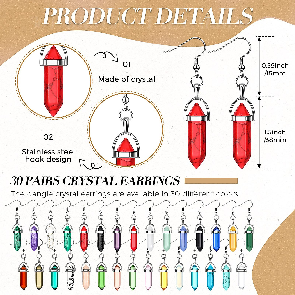 Zhehao 30 Paris Healing Crystals Earrings for Women Quartz Stone Dangle Earrings Hexagonal Gemstone Earring Crystal Chakra Eardrop for Women