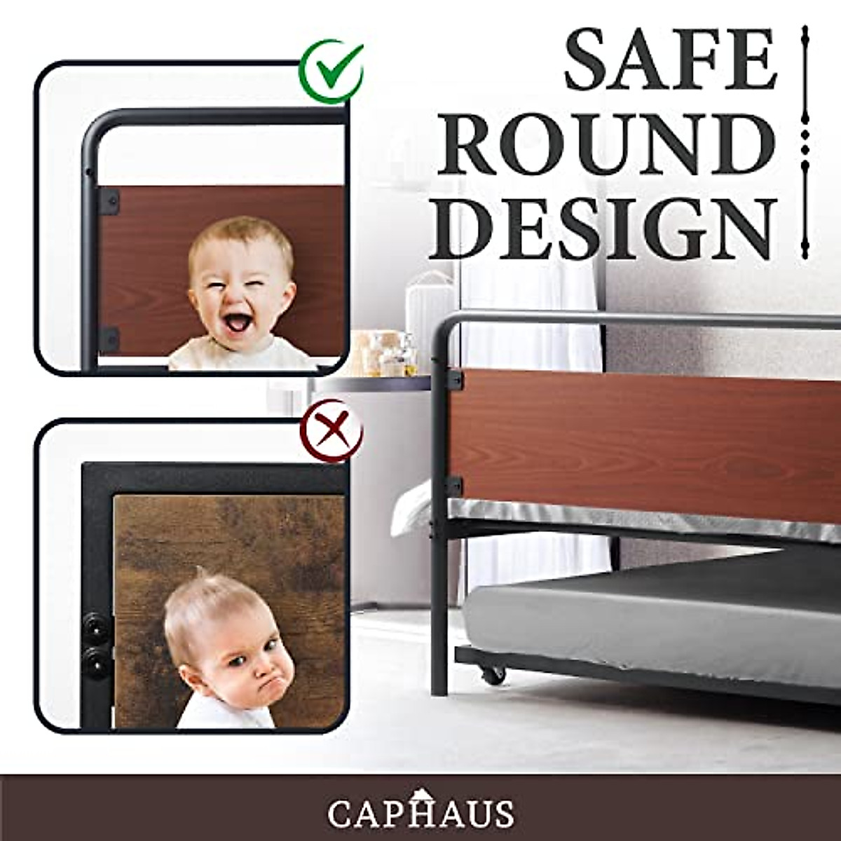 CAPHAUS Round Corner Metal Daybed Frame with Trundle, Twin Bed and Trundle Set, Mattress Foundation with Steel Slat Support and Roll Out Trundle Accommodate, Premium Steel, P2 Grade Walnut Wood Board