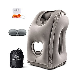 JefDiee Inflatable Travel Pillow, Airplane Neck Pillow Comfortably Supports Head and Chin for Airplanes, Trains, Cars and Office Napping with 3D Eye Mask, Earplugs and Portable Drawstring Bag (Grey)