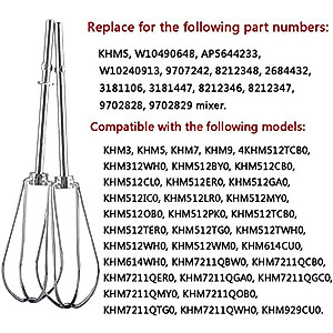 Wadoy W10490648 & KHM2B Beaters for Hand Mixer Stainless Steel Pro Whisk Turbo Beaters, Cream, Making Mousse or Meringue, Shakes, Egg, Replace AP5644233, PS4082859, KHM512BM, KHMPW