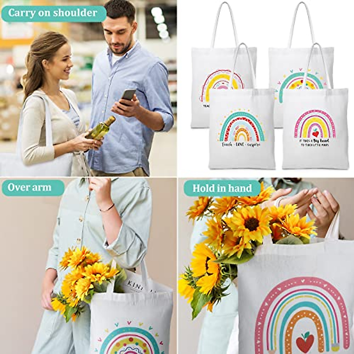 Silkfly 10 Pack Rainbow Teacher Tote Bags Gift for Christmas, Teacher's Day, End of Semester, Retirement Teacher Appreciation Gift Reusable Canvas Bags for Women 15 x 14 Inch