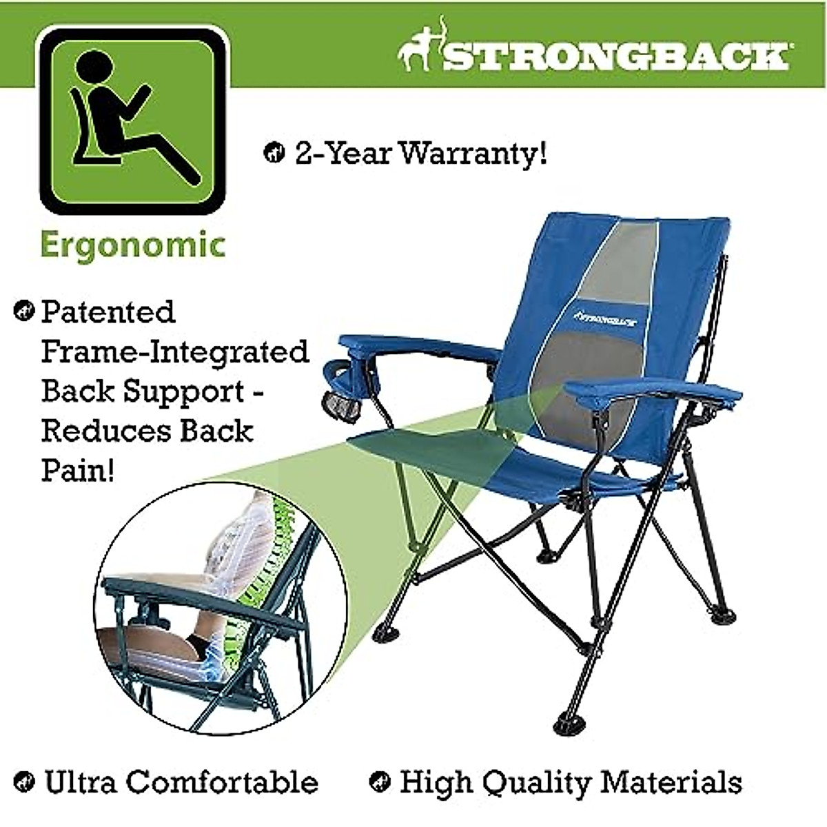 STRONGBACK Elite 2.0 Adult Camping Chair with Lumbar Support and Carry Bag, Navy/Grey