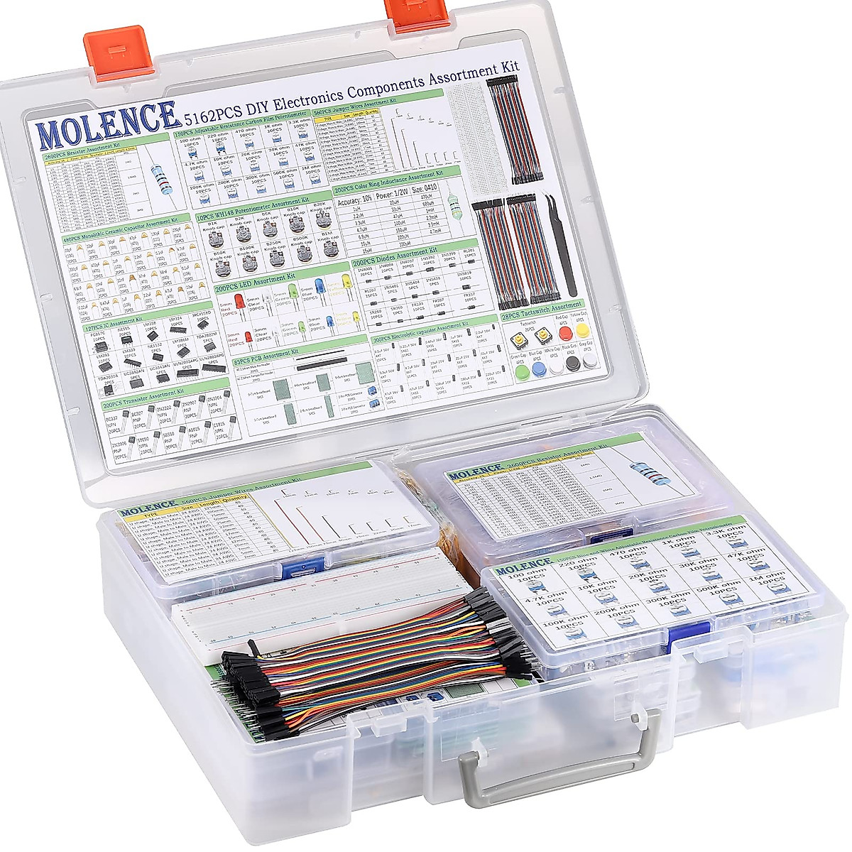 Molence 5162pcs DIY Electronics Components Kit Assortment, Resistors, Inductors, Capacitors, LED, Triode, ICS, Diodes, PCB, Potentiometer, Pin Header, Jumper Wire, Terminals, Tactswitch