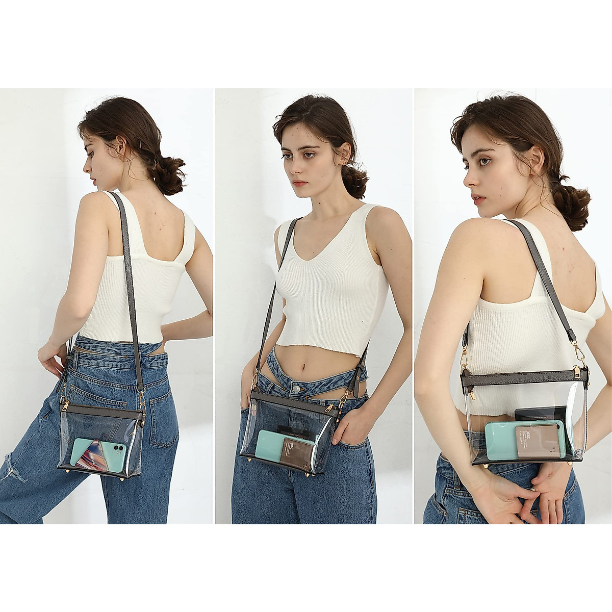 Y&R Direct 3-IN-1 Clear Zipper Crossbody Bag with Vegan Leather Trim Clear Purse for Stadium Festival Concert Gameday Gifts (Grey)