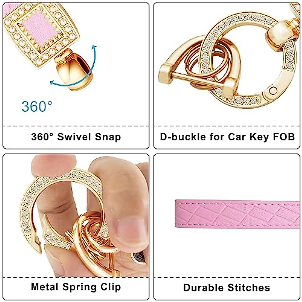 OHKYOOT Microfiber Leather Wristlet Keychain,Key Chain Holder Car Keys Keychain with 5 Key Ring and Anti-Lost D Ring (Pink Gold)