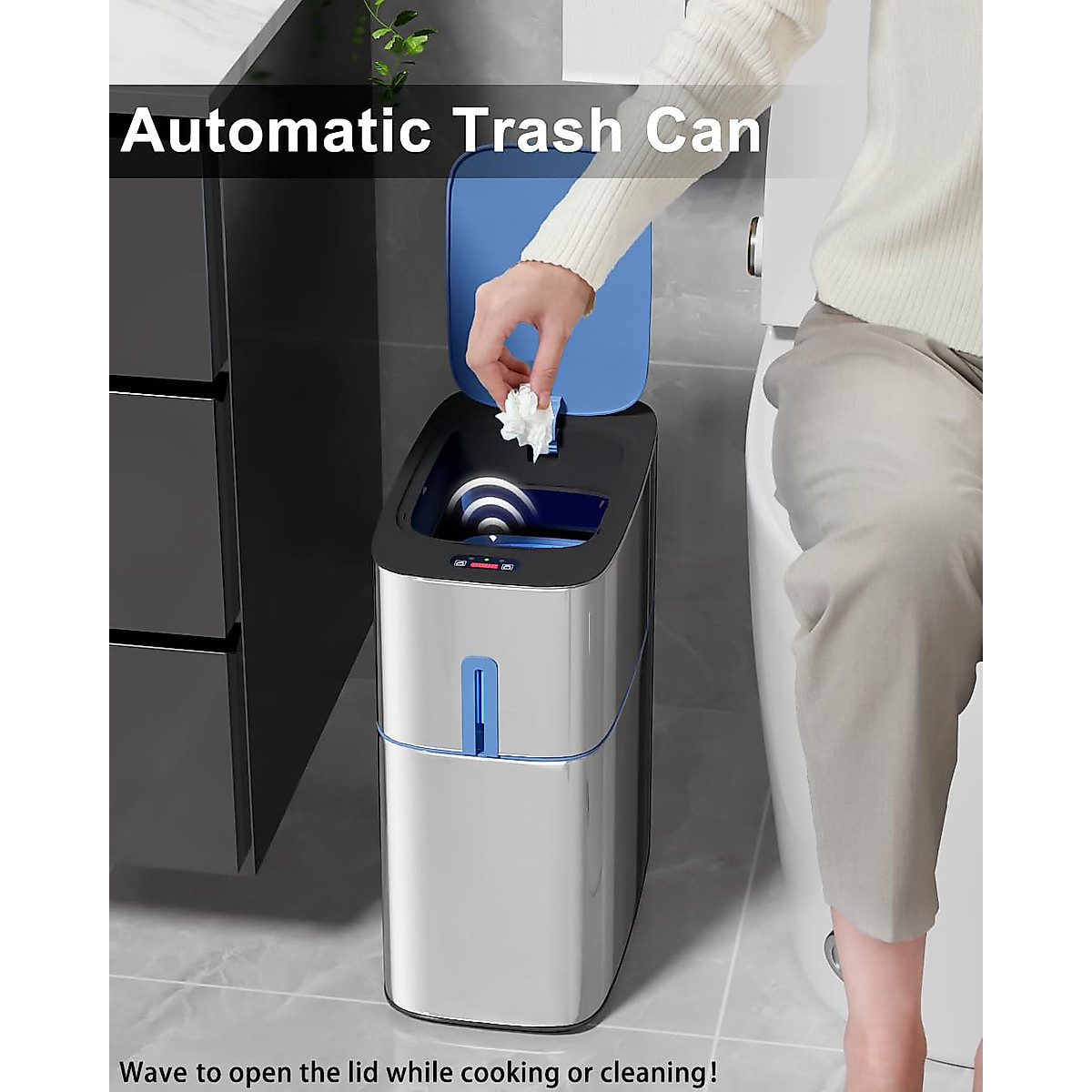 CTIME Slim Motion Sensor Bathroom Trash can Automatic touchless,Stainless Steel Garbage can with lid,3 Gallon Waste Basket,Smart bin Electric Trash cans (Includes 8 Bag Roll)