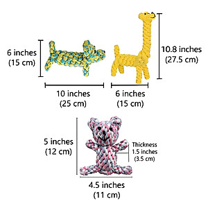 SunGrow Cotton Rope Knot Puppy & Ferret Toys, Tough Teething Chewable Teddy Bear, Giraffe, and Dog, Handwoven for Small Breeds Dog, for Teeth and Gums, Multicolor, 3 Pieces per Pack