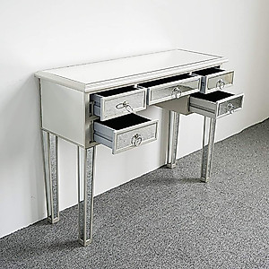 MTFY Mirrored Console Table,Mirrored Makeup Vanity Table Desk, 5 Drawer Media Console Table for Women Home Office Writing Desk Smooth Finish with Ring Knobs (5 Drawer,Silver)