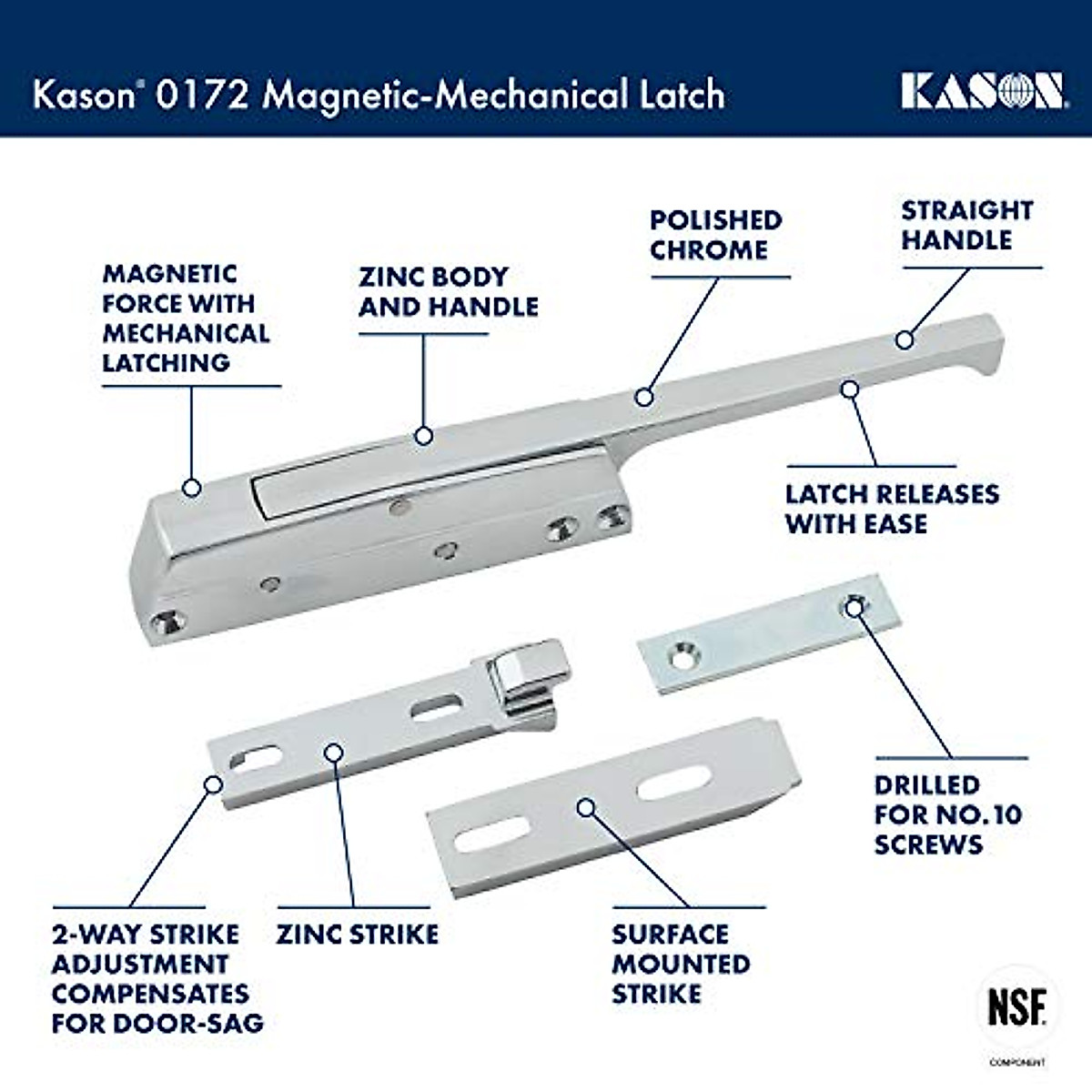 Kason 0172 Magnetic Mechanical Latch with Strike, Straight Handle, Non-Locking, 10172000006