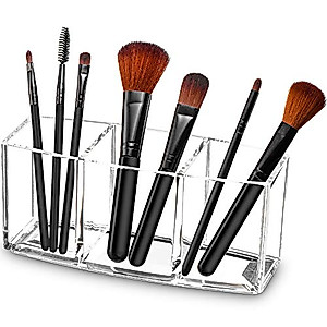 Tasybox Clear Makeup Brush Holder Organizer, 3 Slot Acrylic Cosmetic Brushes Storage, Eyeliners Eyebrow Pencil Display Case