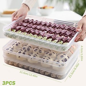 Snack Container Food Storage Container 3Pcs Dumpling Container Box Food Grade Plastic Snack Container Stackable Cookie Container with Lid Transparent Microwave Fridge Safe Storage Containers