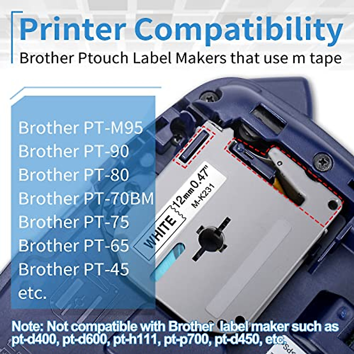 Replace for Brother M Tape P Touch 12mm 0.47 1/2, M-K231 M-K131 MK431 MK531 MK631 MK731 Compatible with Brother PT-M95 PT-65 PT-90 PT-80 PT-70bm PT-45 Label Maker Refill, 6 Color M Series Label Tape