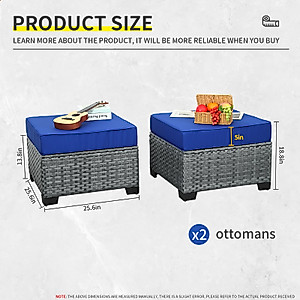 Lviden 2 Piece Outdoor Patio Ottomans, All Weather Grey Wicker Footstool Footrest, Additional Seating Furniture with 5" Thick Cushions (Royal Blue)