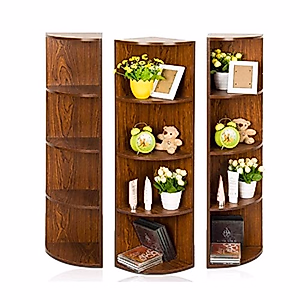 FHDGH 3-Tier Corner Curved Shelf Organizer, Freestanding Display Storage Shelves and Wooden Bookcase, for Kitchen, Living Room, Study, Rustic Brown