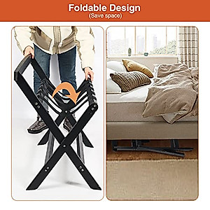 AKVOMBI Luggage Rack with Back, Black Suitcase Stand for Guest Room, Folding Luggage Stand with Storage Shelf for Bedroom, Hotel, Nylon Straps, Wood