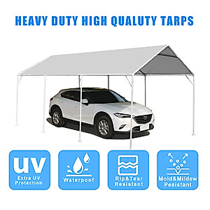 HFYZZ 10 x 20 Ft Heavy Duty Carport Replacement Canopy Cover Waterproof & UV Protected Car Garage Top Tent Shelter Tarp Cover with 44 Ball Bungees Cords, Only Top Cover, Grey