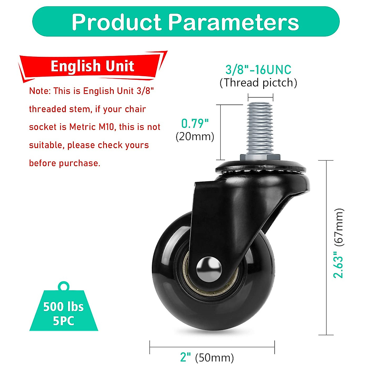 Hirate 5 Pack Office Chair Casters with 3/8"-16UNC Threaded Stem(English Unit), 2" Durable Swivel Stem Gaming Chairs Casters Replacement Smooth Rolling Safe for Hardwood Tile Floors