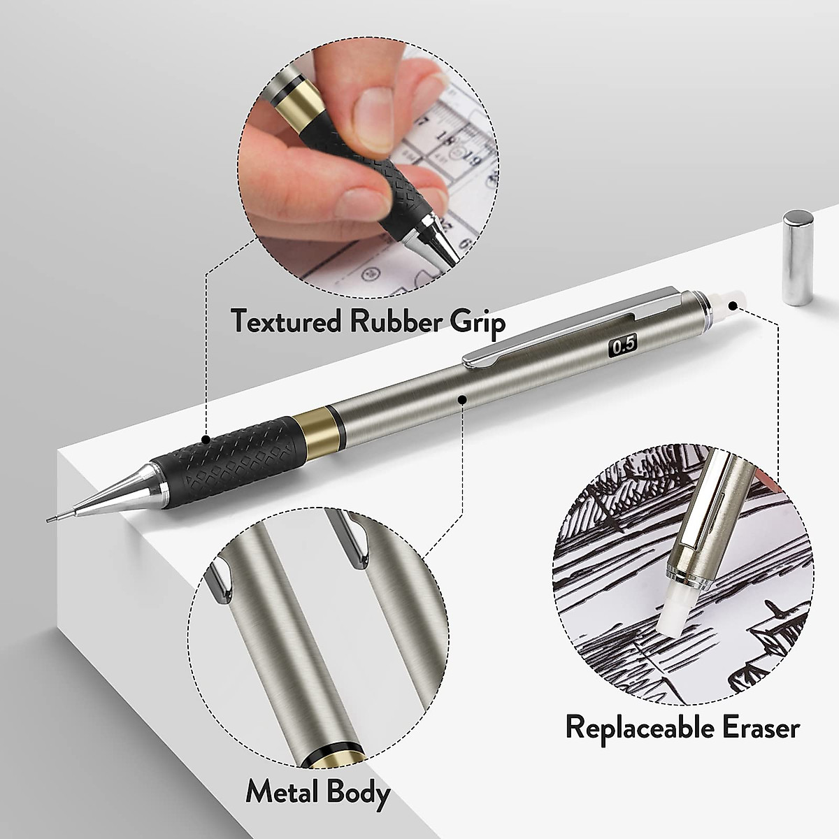 Four Candies Metal Mechanical Pencil Set - 3PCS 0.5mm Art Mechanical Pencils & 360PCS HB Lead Refills & 3PCS Erasers & 9PCS Eraser Refills, Drawing Mechanical Pencils for Writing, Sketching -With Case