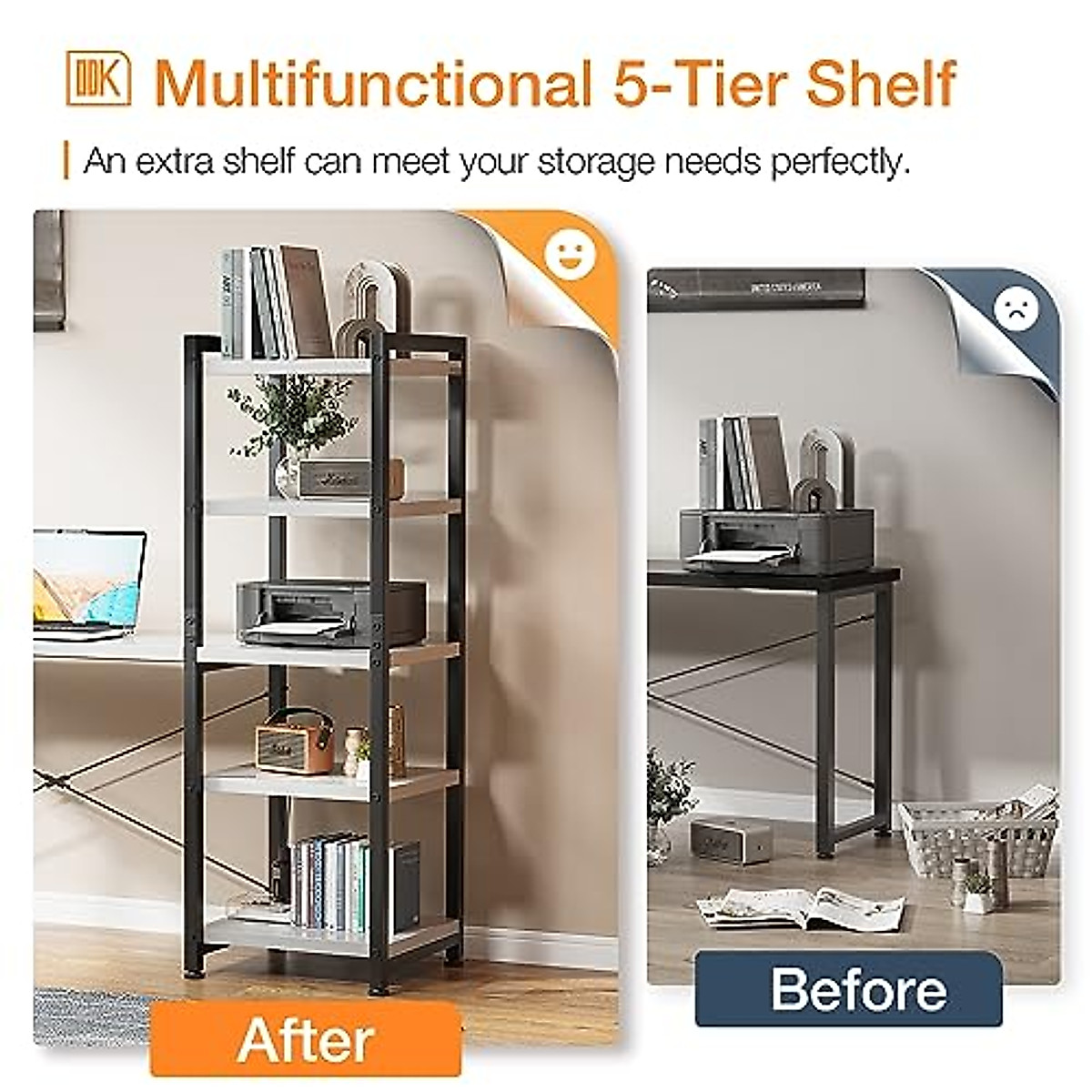 ODK L Shaped Desk with Monitor Stand, 54 Inch Home Office Desks with Storage Printer Shelves, Reversible Corner Gaming Desk with Bookshelf for Bedroom, White