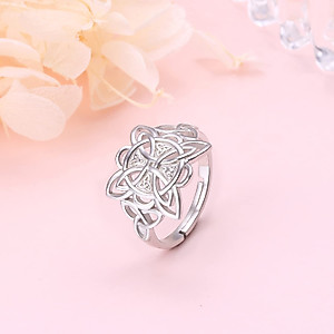 FLYOW 925 Sterling Silver Good Luck Irish Jewelry Celtic Quaternary Wiccan Witches Knot Ring for Women, Size 7