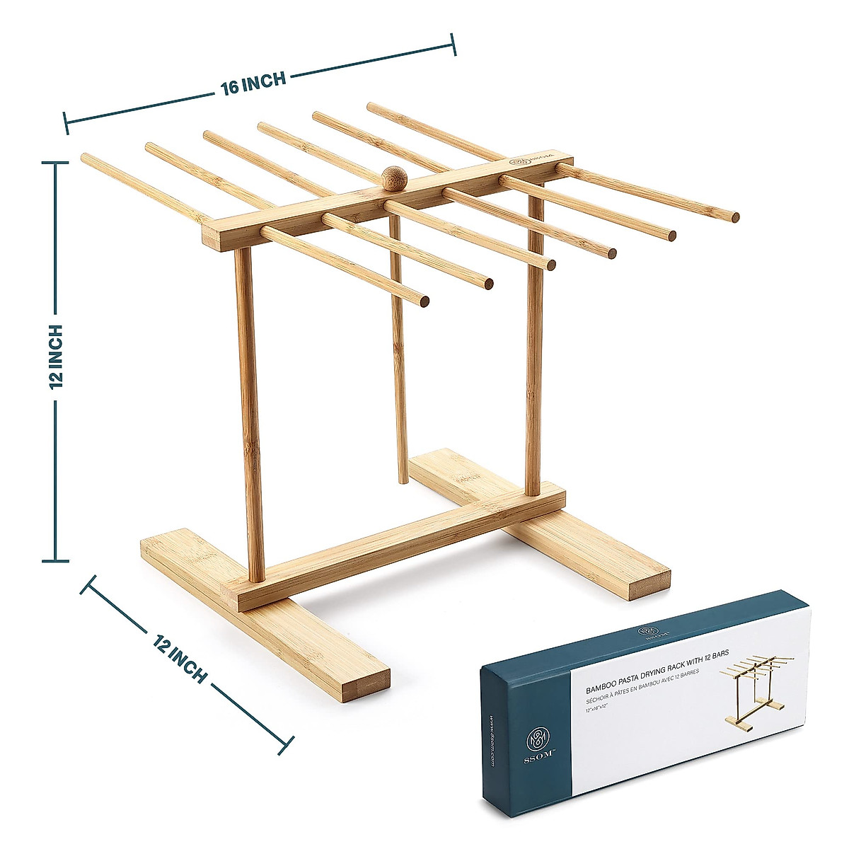 8SOM Bamboo Pasta Drying Rack with Transfer Wand and 12 Bars, Easy to Transfer for Drying Pasta and Cooking, Special Suspension Design for Large Storage