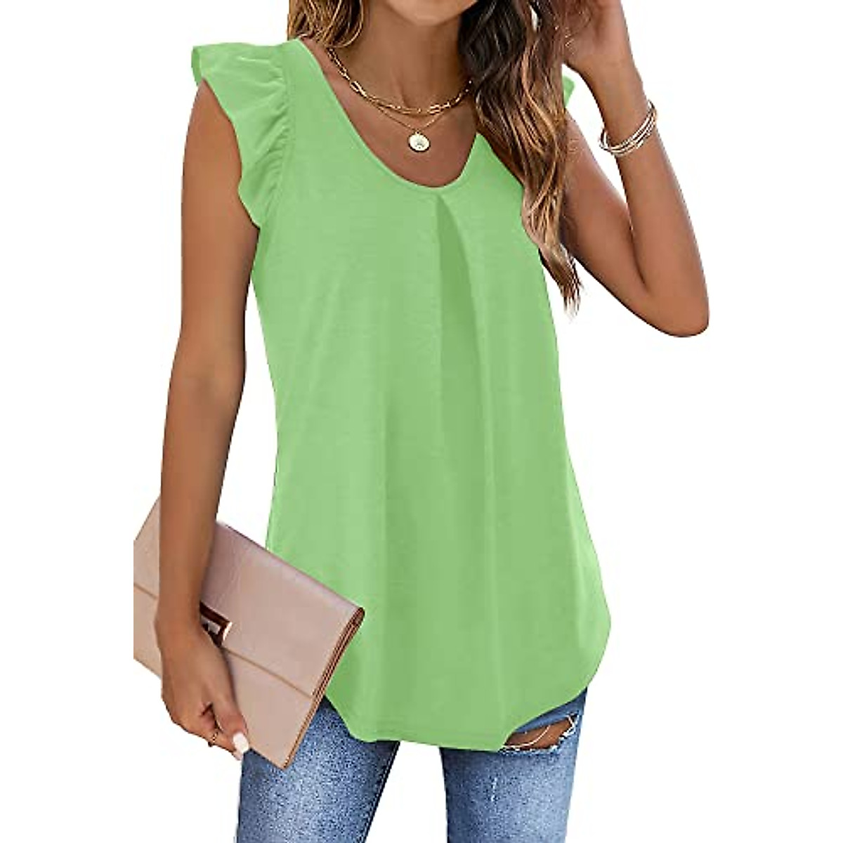Womens Tops Sleeveless Casual V-Neck Tanks Top Solid Color Trendy Tunic Blouses Lime Green Medium