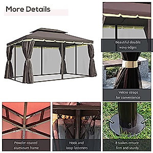 Outsunny 10' x 13' Patio Gazebo, Aluminum Frame Double Roof Outdoor Gazebo Canopy Shelter with Netting & Curtains, for Garden, Lawn, Backyard and Deck, Coffee