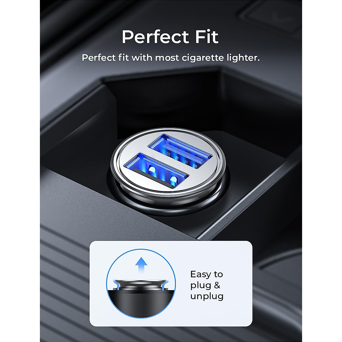 AINOPE Car Charger Adapter【Smallest Metal】 4.8A Cigarette Lighter USB Car Charger Adapter Dual Port 12V USB Outlet Flush Fit for iPhone 16 Pro Max/15/14 iPad Air Samsung Galaxy S25 S24 Ultra,Sliver