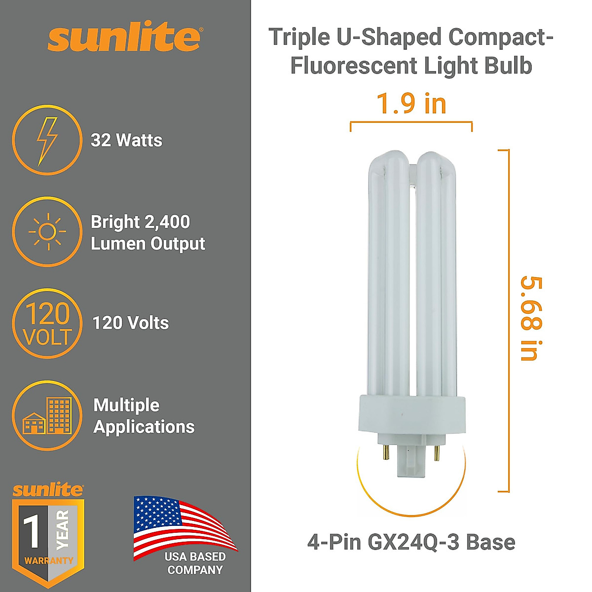 Sunlite CFL Plug-in PLT 4-Pin Triple Tube Light, 32 Watts, 4-Pin GX24q3 Base, 2400 Lumens, 3500K Neutral White, 10 Pack